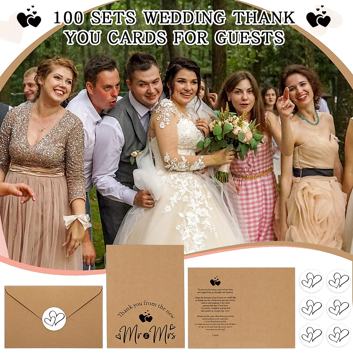 Spakon 100 Sets Wedding Thank You Cards with Envelopes and Stickers Wedding Themed Kraft Paper Thank You Card with Message Inside Mr and Mrs Thank You Notes for Bridal Shower Anniversary Guests