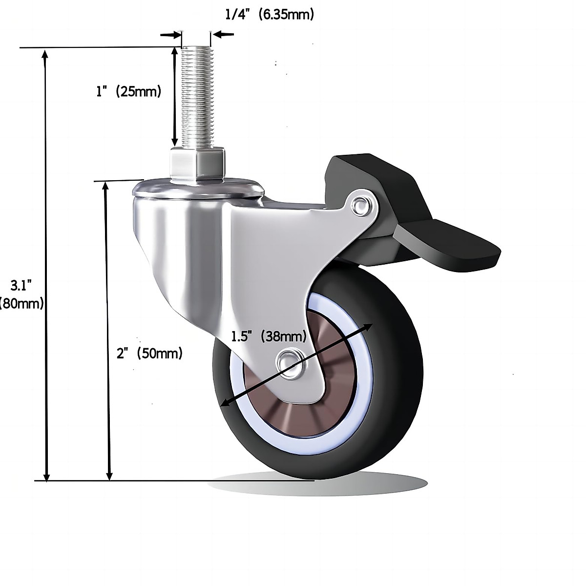 MSWY 1.5" Tiny Threaded Stem Caster Wheels with Brakes,1/4"-20x1" Heavy Duty Low Profile Swivel Replacement Castors for Small Mini Shopping Carts & Funiture, 50lbs per Wheel Set of 4