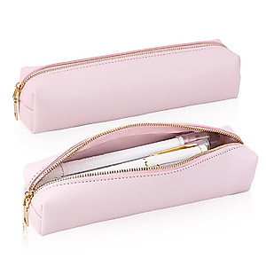 iSuperb PU Pencil Case Leather Pen Bag Slim Pencil Pouch Lovely Stationery Bag Portable Cosmetic Bag Zipper Organizer Bag (Pink)
