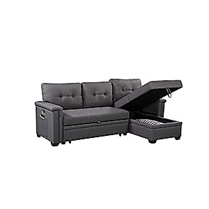 Lilola Home Ashlyn Dark Gray Reversible Sleeper Sectional Sofa with Storage Chaise, USB Charging Ports and Pocket