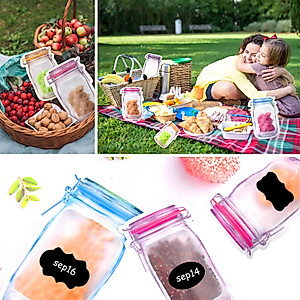 81 Pcs Reusable Mason Jar Bags Food Storage Plastic Bags Multi-Size Fresh Leak Proof Sandwich Snack Zipper Bags with Chalkboard Label Sticker Silicone Funnel for Kitchen Camping Travel Office