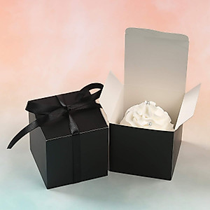 COTOPHER 60pcs Wedding Favor Boxes, Paper Gift Boxes 3x3x3 Inches Small Gift Boxes with Ribbons Small Boxes for Gifts, Crafting, Cupcake, Candy, Bridesmaid Proposal Boxes，Easy Assemble Boxes (Black)