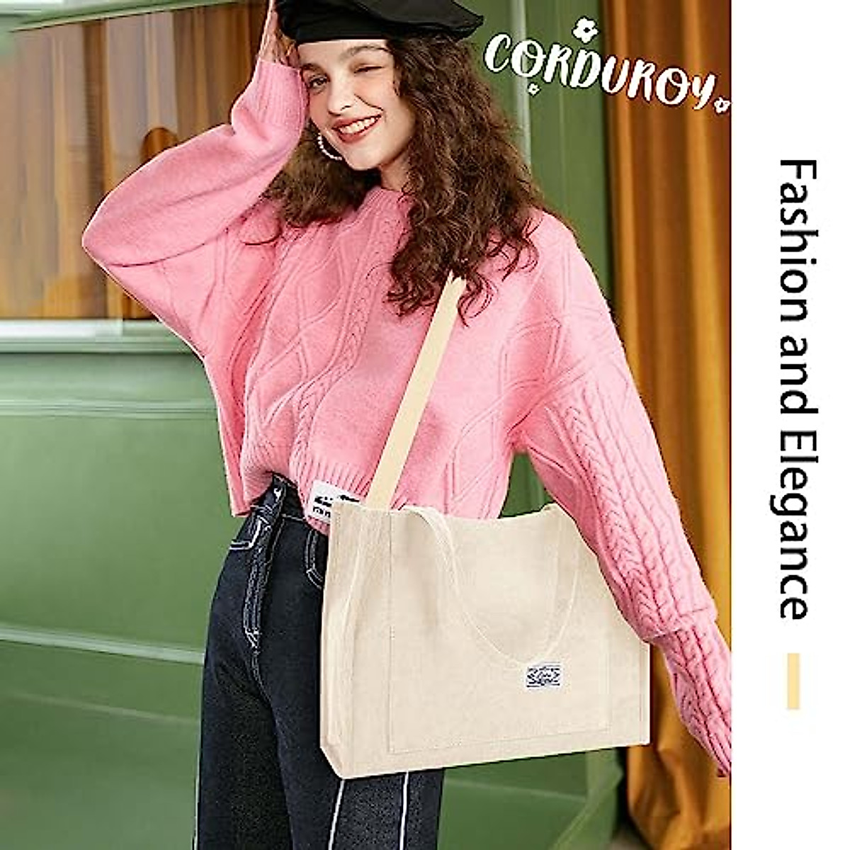 Corduroy Tote Bag for Women Small Satchel Bag Mini Tote Bag Aesthetic Crossbody Bag Handbag - School Work Travel Shopping(Beige)