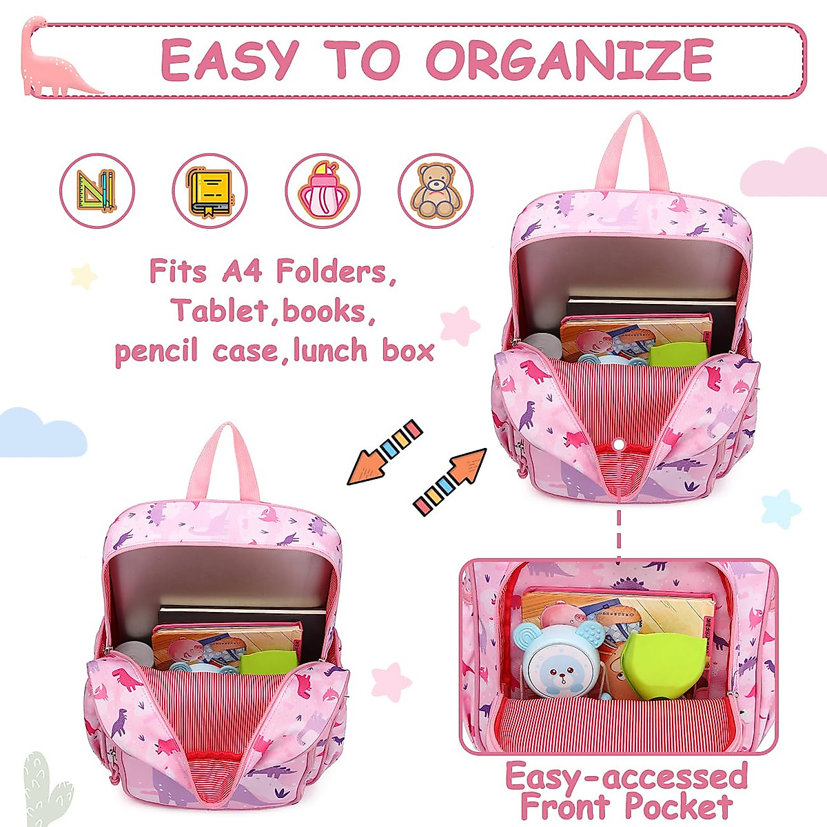 VASCHY Toddler Kids backpacks, Cute Lightweight Water Resistant Preschool Kindergarten Backpack for Girls Pink Dinosaurs