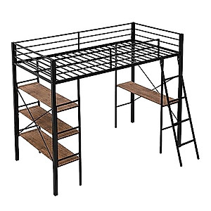 Metal Loft Bed Twin Size, Twin Loft Bed with Desk and 3-Tier Storage Shelves, Twin Loft Bed with Ladder and Full-Length Guardrail, Twin Size Loft Bed for Kids, Teens, Adults, Black Loft Bed with Desk