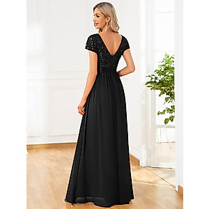 Ever-Pretty Women's Sequin V-Neck line Short Sleeves Empire Waist Maxi Evening Dress Formal Dress Black US12