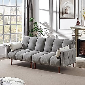 FULife Convertible Sleeper Futon Sofa Bed Loveseat Daybed,Adjustable Folding Lounge Recliner Sofá Chair 2-Seat Couches with Pillows&Wooden Legs for Living Room/Office/Compact Space, Gray 81.1" w