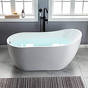 WOODBRIDGE 59" Acrylic Freestanding Bathtub Contemporary Soaking White Tub with Matte Black Overflow and Drain，B1530 -MB-Drain &O