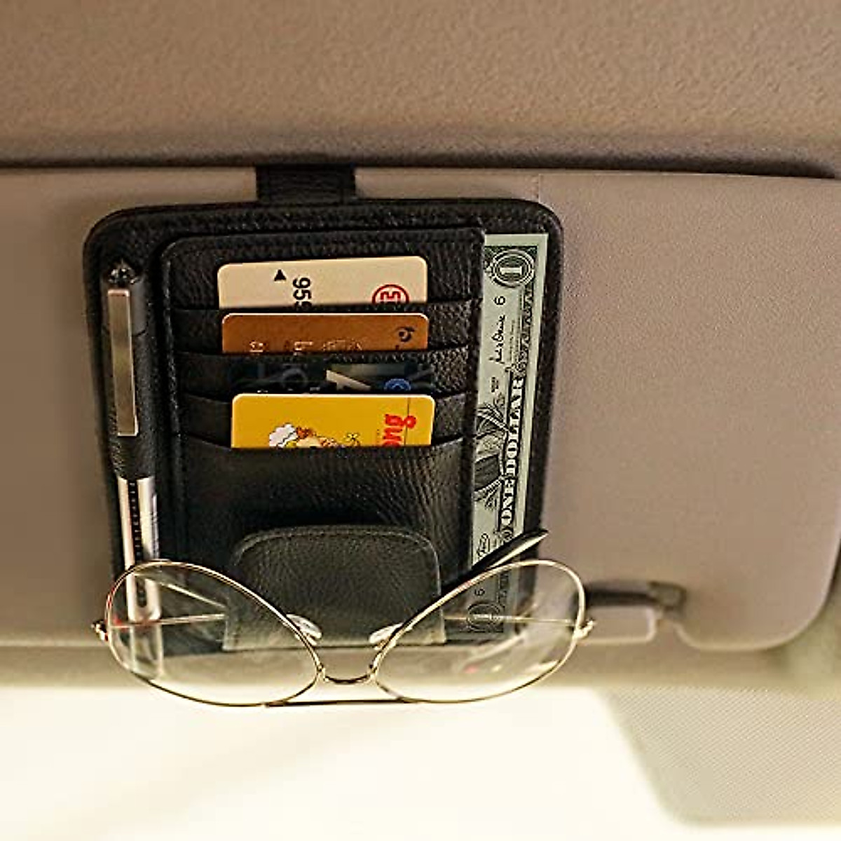 VAGURFO Car Sun Visor Organizer, Card Holder Sunglass Holder Pen Holder Cash Holder Pocket Organizer Registration Document Holder Auto Interior Accessories (Black)