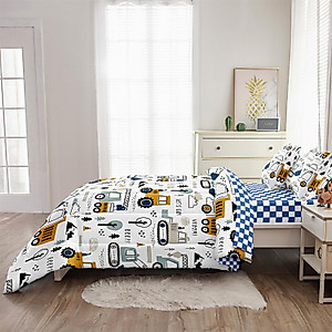 Leaflin 4-Pcs Construction Twin Size Boys Bedding Set, Kids Comforter Set for Teens w/Sheets and Pillowcase, Soft Cartoon Tractor Cars Bed in a Bag Sets