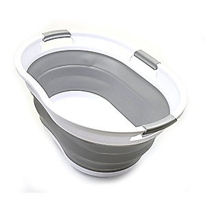 SAMMART 36L (9.5 Gallon) Collapsible 3 Handled Plastic Laundry Basket-Foldable Pop Up Storage Container-Portable Washing Tub-Space Saving Basket/Water Capacity 27L/7.1 Gallon (1, Grey)