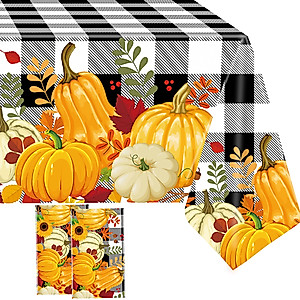 2 Pieces Fall Plaid Tablecloth Plastic Pumpkin Table Cover Black White Buffalo Checkered Tablecloth with Pumpkin Disposable Fall Table Cover for Dining Kitchen Thanksgiving Autumn Party, 54 x 108 Inch