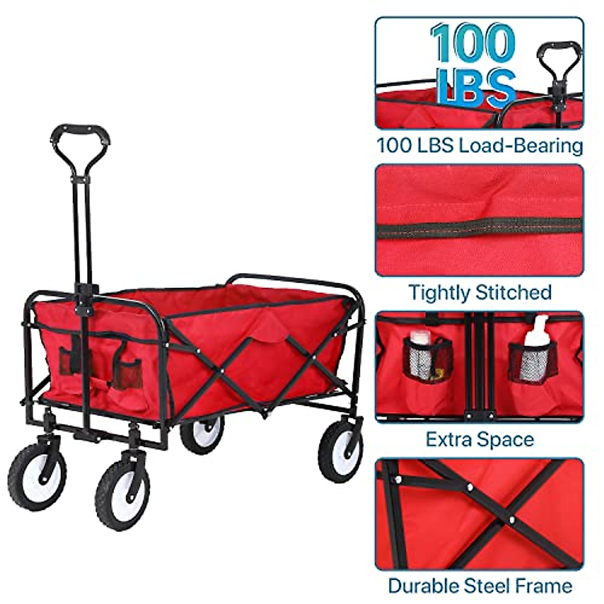 Dkelincs Folding Wagon, Red, Adjustable, Durable, Portable, Resistant, Utility Cart Wagon