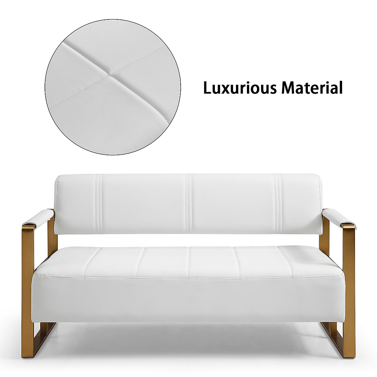 RIDFY Mid-Century Modern Faux Leather Loveseat Sofa with Golden Metal Arms, 2 Seat Leather Futon Couch Armchair for Small Spaces, Living Room, Office, Apartment (White)