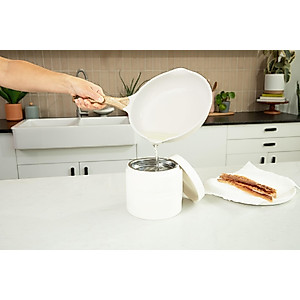 Ceramic Grease Container Keeper with Metal Stainless Steel Strainer and Lip for Easy Pour (Ivory)