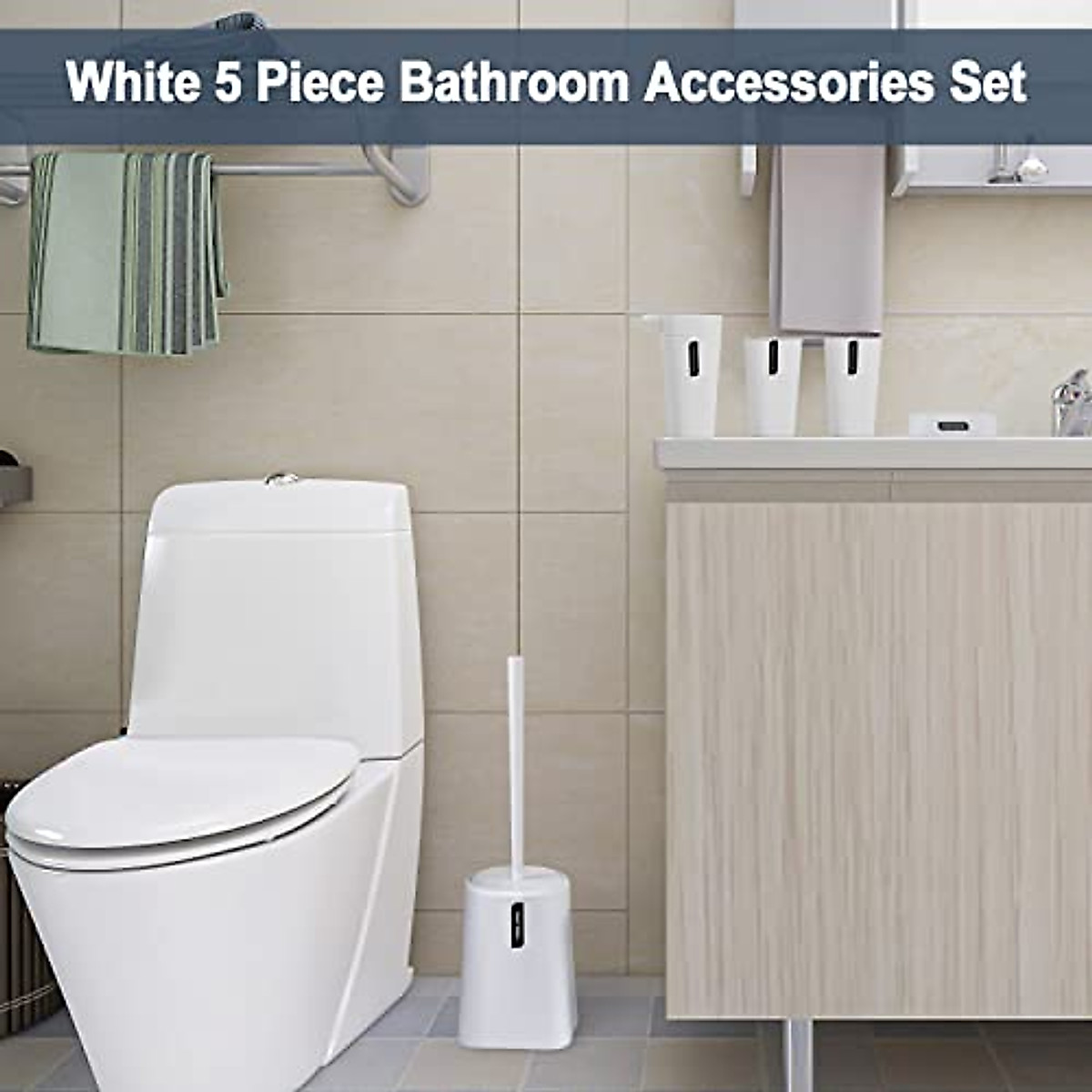 Bathroom Accessory Set, White 5 Piece Bathroom Accessories Set, Bath Sink Organizers Toothbrush Holder, Tumbler, Soap Dispenser, Soap Dish, Toilet Bowl Brush And Holder, Modern Bath Room Sets Gift Box