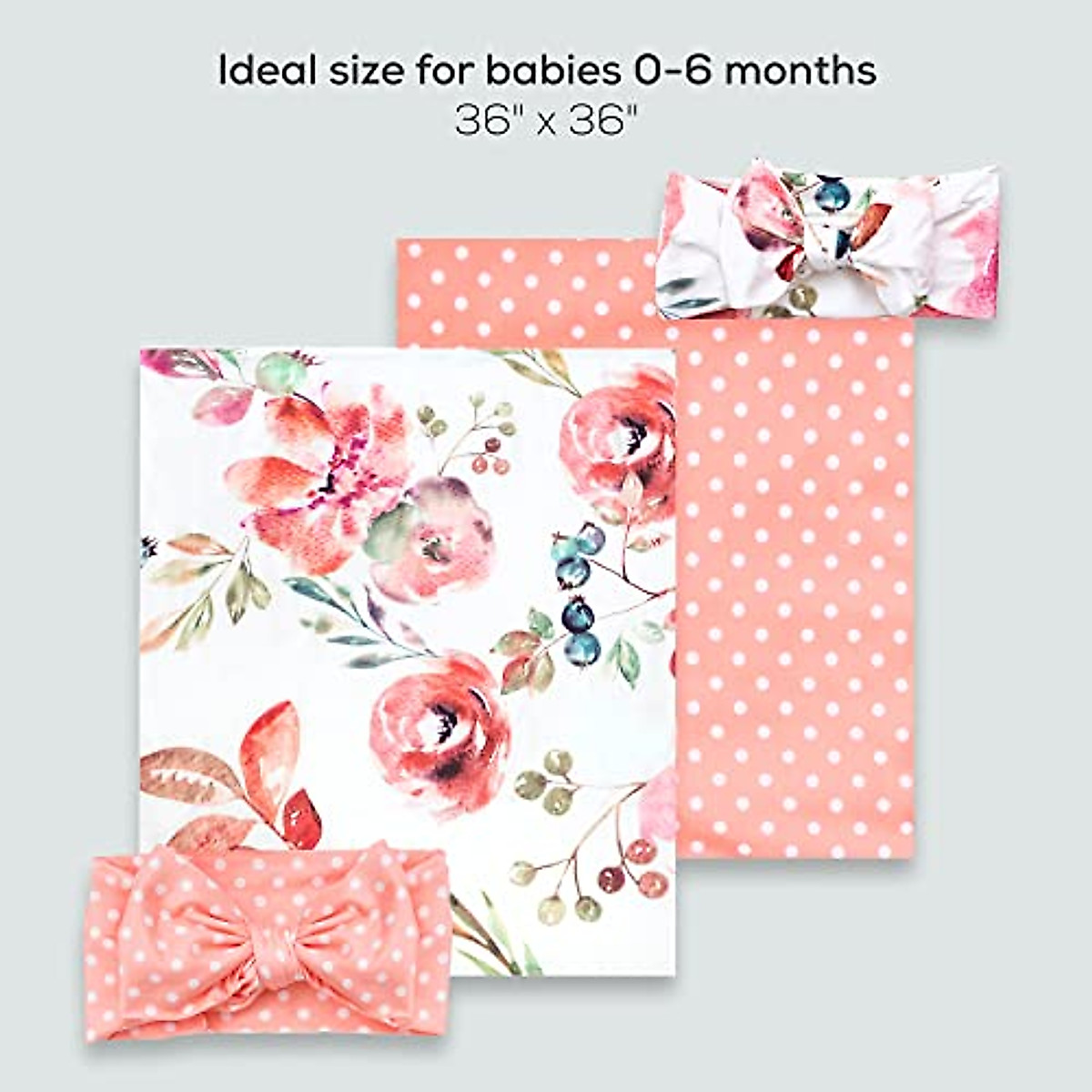 First Landings Newborn Swaddle Set - Matching Headband and Baby Blanket (Set of 2 Each) 36" x 36" Receiving Baby Blanket Boy and Girl - for Newborn Photography, Nursing Covers, Burp Cloths (Rose)