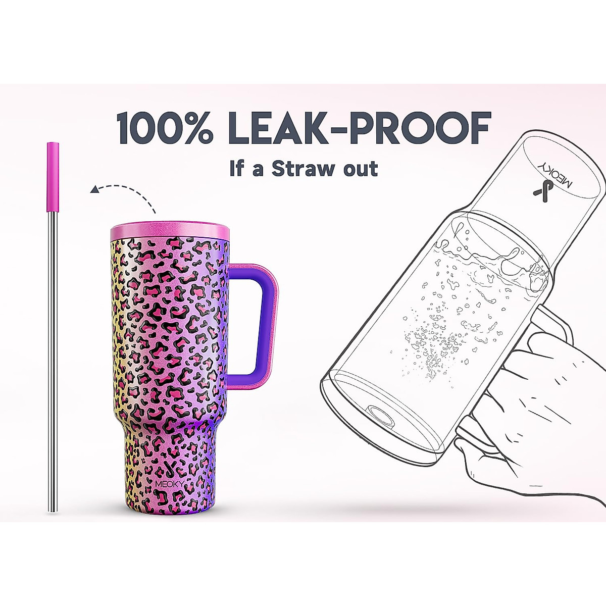 Meoky 40 oz Tumbler with Handle and Straw, Tumbler with Lid and Straw, Insulated Stainless Steel Travel Mug, 100% Leak-proof, Keeps Cold for 34 Hours or Hot for 10 Hours (Celebration)
