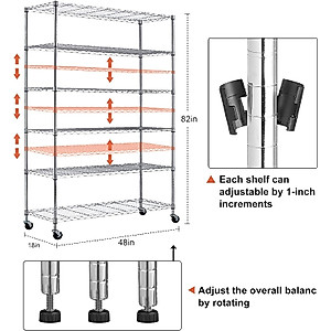 YRLLENSDAN 6-Tier Steel Storage 2100Lbs Capacity Wire Shelving W/Wheels Heavy Duty Metal Shelves Adjustable Steel Shelving Shelving Rack for Kitchens garages,18"x48"x82", Chrome