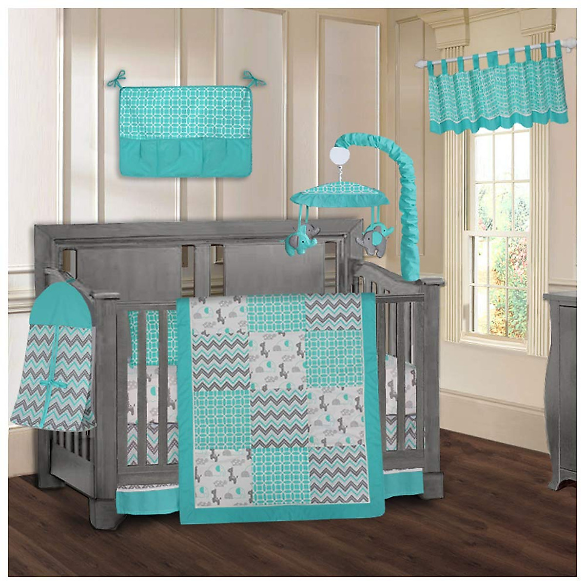 BabyFad Animal Print Turquoise 9 Piece Baby Crib Bedding Set 100% Cotton