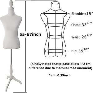 Female Dress Form Mannequin Torso with Wooden Tripod Stand 55-67 Inch Height Adjustable Mannequin Body for Sewing Counter Window Display,White