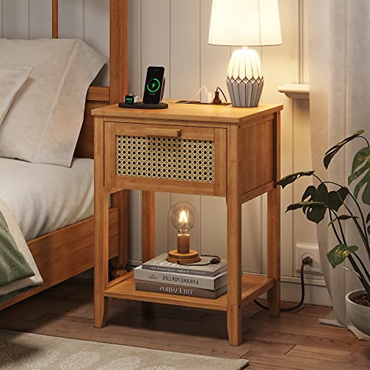 VIAGDO Nightstand with Charging Station, Bamboo End Table, Bedside Table with Rattan Drawer, Night Stand for Bedroom, Natural