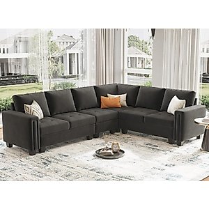 Belffin Grey Velvet L-Shape Sectional Sofa with Reversible Chaise, 107.8'L x 84.2'W x 35.8'H, Modular, Modern, Sofa Couch for Living Room, 5 Seater, Easy Assembly