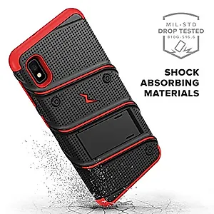 ZIZO Bolt Series for Samsung Galaxy A10e Case | Heavy-Duty Military-Grade Drop Protection w/ Kickstand Included Belt Clip Holster Tempered Glass Lanyard (Black/Red)