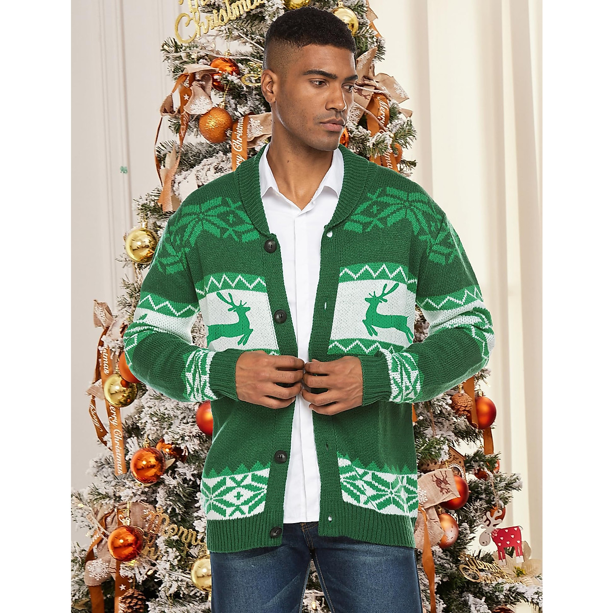 COOFANDY Mens Ugly Christmas Xmas Cardigan Sweater X-Mas Shawl Collar Button Front Knit Sweaters (Green L)
