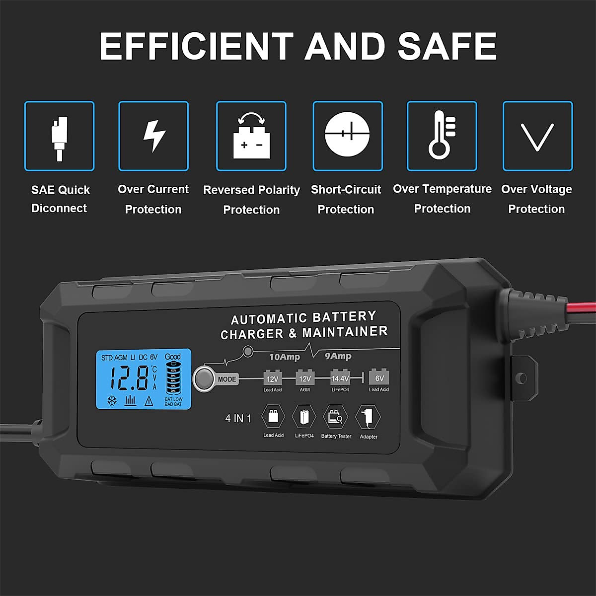 Andeman 10-Amp Automotive Smart Battery Charger, 6V 12V 10A / 14.4V 9A Portable Battery Tender Car Battery Charger, Deep Cycle Battery Maintainer for Car Truck Motorcycle SUV UTV ATV RV Motorboat