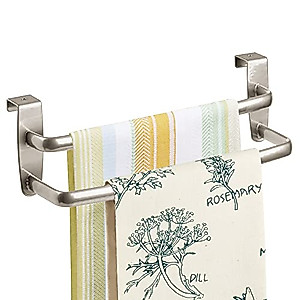 mDesign Over-Door Cabinet Towel Holder - Kitchen Cabinet Double Towel Bar Rack - Over Cabinet Towel Bar Hanger for Hand, Dish, and Tea Towels - 9.84" Wide - Spira Collection - Brushed Nickel