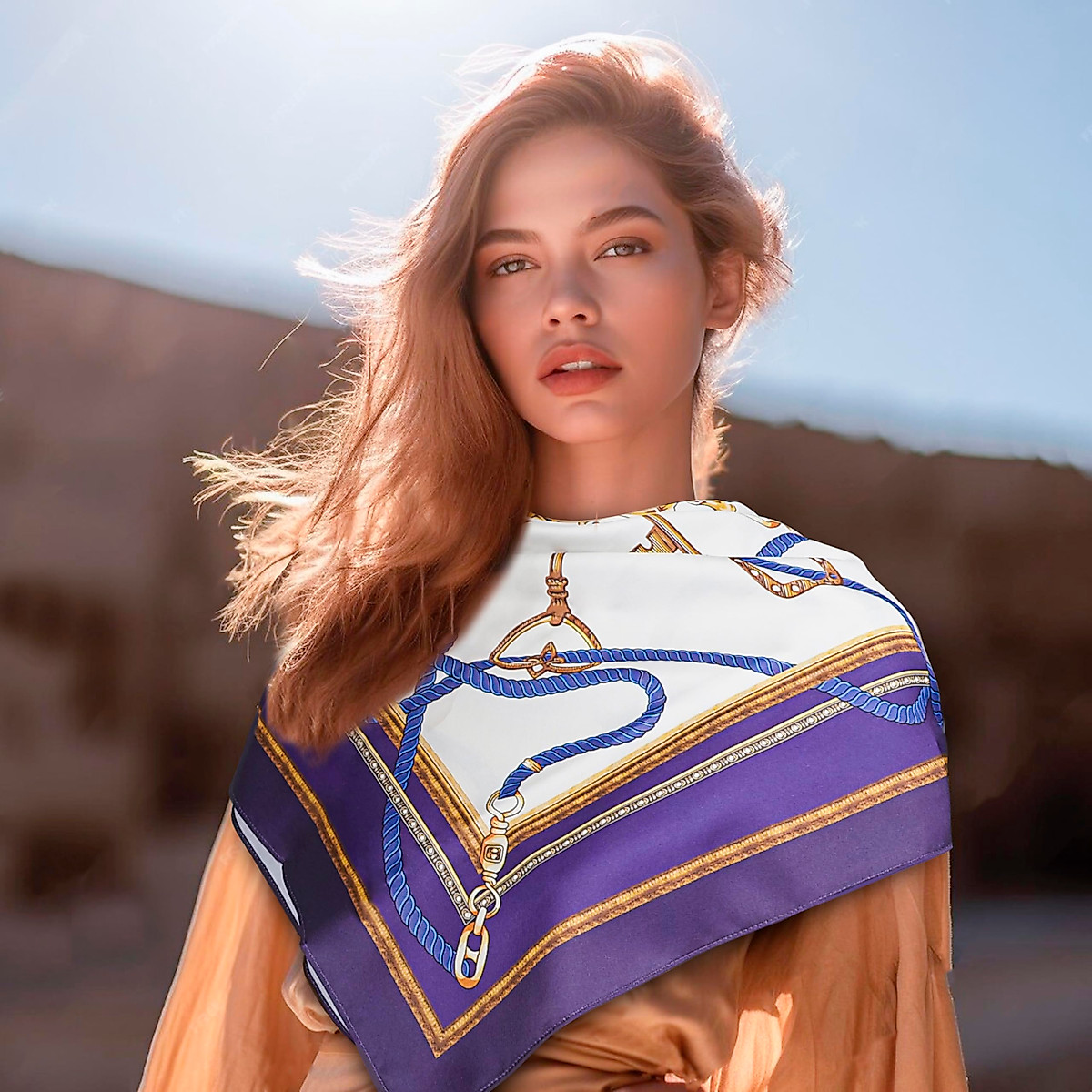 Annika Silk Silk Scarf for Women Elegantly Designed Lightweight 35'' x 35'' Hair Scarf for Sleeping with Hand Seam Silk Scrunchie and Scarf Ring (Navy Blue)