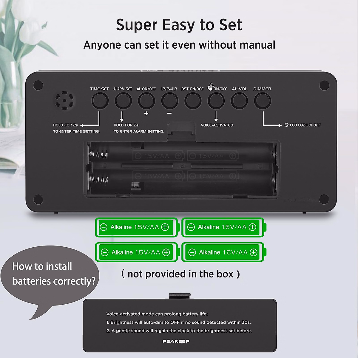 Peakeep Battery Operated Digital Clock, Alarm Clock for Bedrooms - Cordless Large Big Numbers 4 Dimmers for Seniors, Adjustable Volume Loud Alarm Clock for Heavy Sleepers Adults (Green Digits)