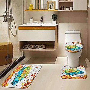 Tayney Truck with Harvest Pumpkin Shower Curtain Sets with Toilet Lid Cover and Non-Slip Rugs, Watercolor Autumn Maple Leaves 4 Pcs Shower Curtains for Bathroom, Vintage Fall Farmhouse Bathroom Decor