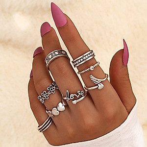 Chmier 8 Pcs Boho Retro Silver Midi Rings Set Flower Band Joint Rings Love Heart Cupid's Arrow Stackable Rings for Women