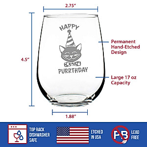 Happy Purrthday - Funny Cat Stemless Wine Glass for Birthday - Cute Cat Themed Bday Party Gifts and Decor - Large 17 Oz