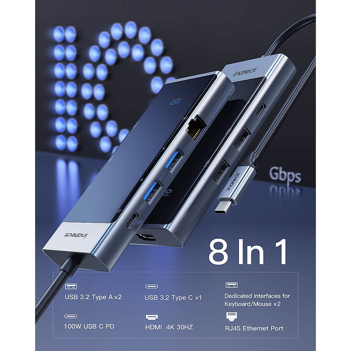 Inateck USB 3.2 Gen 2 Speed, USB C Hub with 8 Ports, HB2023