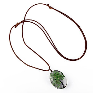 FM FM42 Green Life of Tree Queen Anne's Lace Dried Flowers Oval Pendant Necklace FN4072