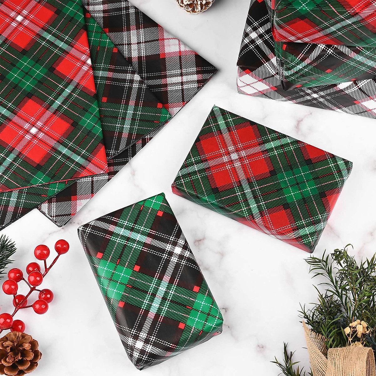 Bolsome 90 Sheets Christmas Buffalo Plaid Tissue Bulk for Gift Wrapping, Red Black White Green Plaid Tissue Paper for Gift Bags, Rustic Tissue Paper for Winter Holidays Xmas New Year DIY Craft