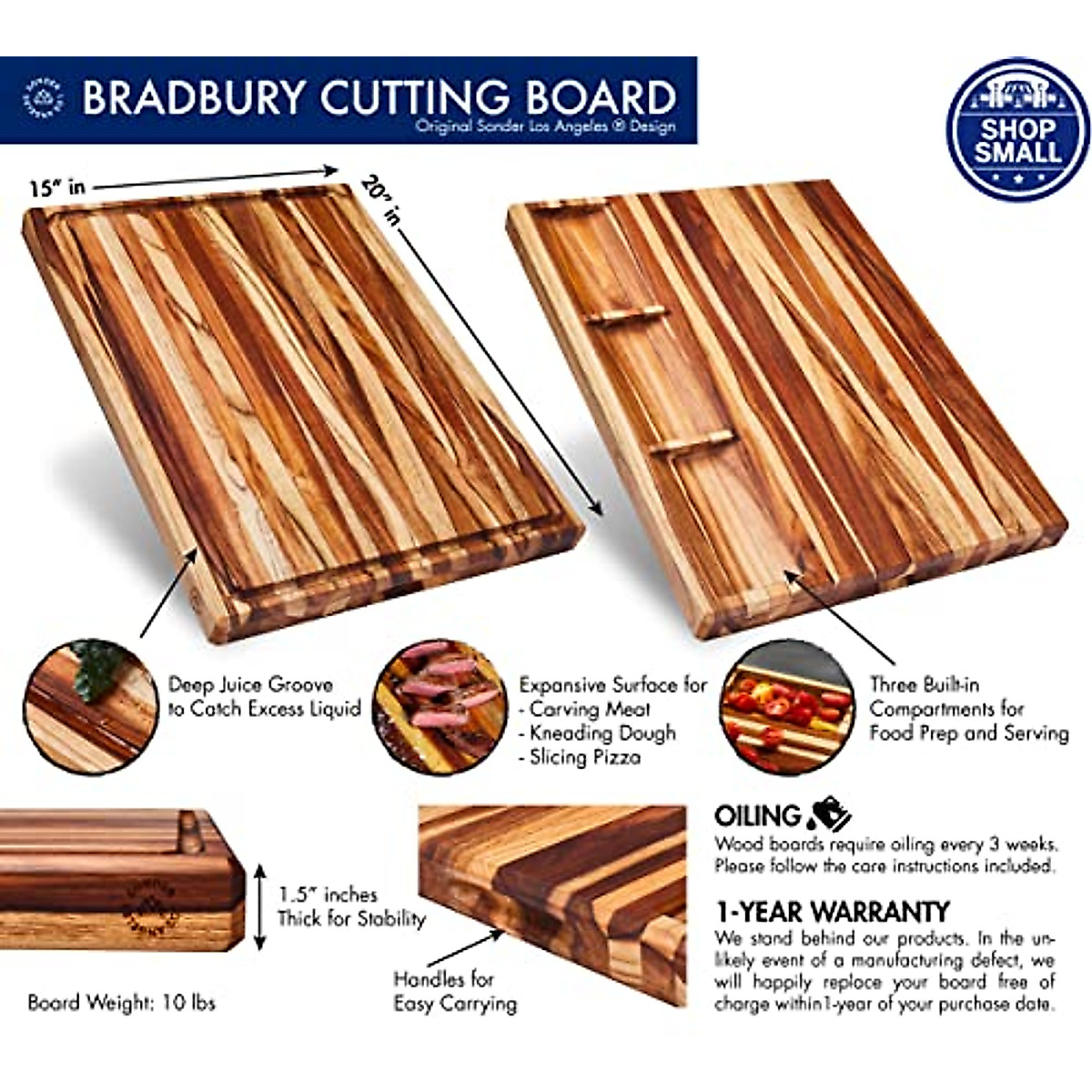 Sonder Los Angeles, XL Thick Teak Wood Cutting Board for Kitchen with Juice Groove, Sorting Compartments, Charcuterie Cheese Board 20x15x1.5 in (Gift Box Included)