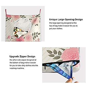 Hanging Laundry Bag Pink Flowers Door Hanging Laundry Hamper with Stainless Steel Hooks Wall Laundry Nook with Adhesive Hooks 1 PC
