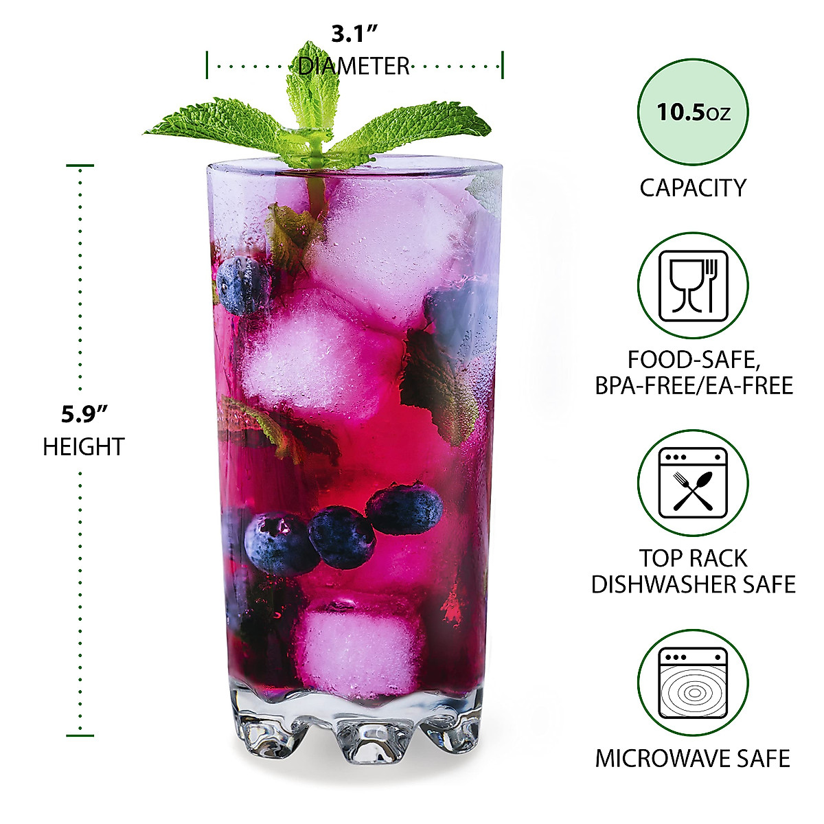 Bravario Unbreakable Plastic Drinking Glasses 11 oz | Dishwasher Safe Shatterproof 100% Tritan Water Tumblers | BPA Free Reusable Outdoor Highball Drinkware | Set of 4