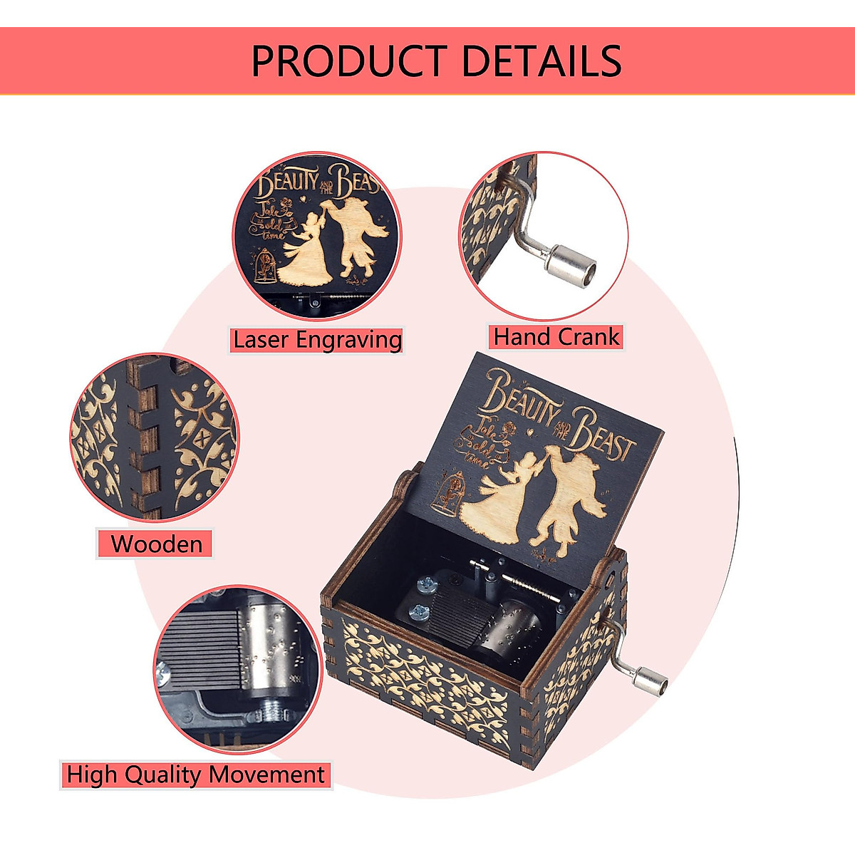 Ddjbdb Beauty Music Box Beast, 18 Note Mechanism Antique Carved Wooden Hand Crank Musical Box Crafts,Valentine Christmas Birthday Gift for Her Wife Girlfriend