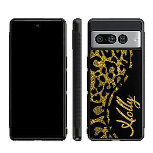 Leopard Skin Gold Personalized Black Rubber Phone Case Compatible With Google Pixel 8 Pro, 8a, 8, 7a, 7, Pixel 7 Pro, 6a, Pixel 6 Pro, 6, 5, 4a 5G, 4a 4G, 4, 4 XL, 3a, 3a XL, 3, 3 XL, 2