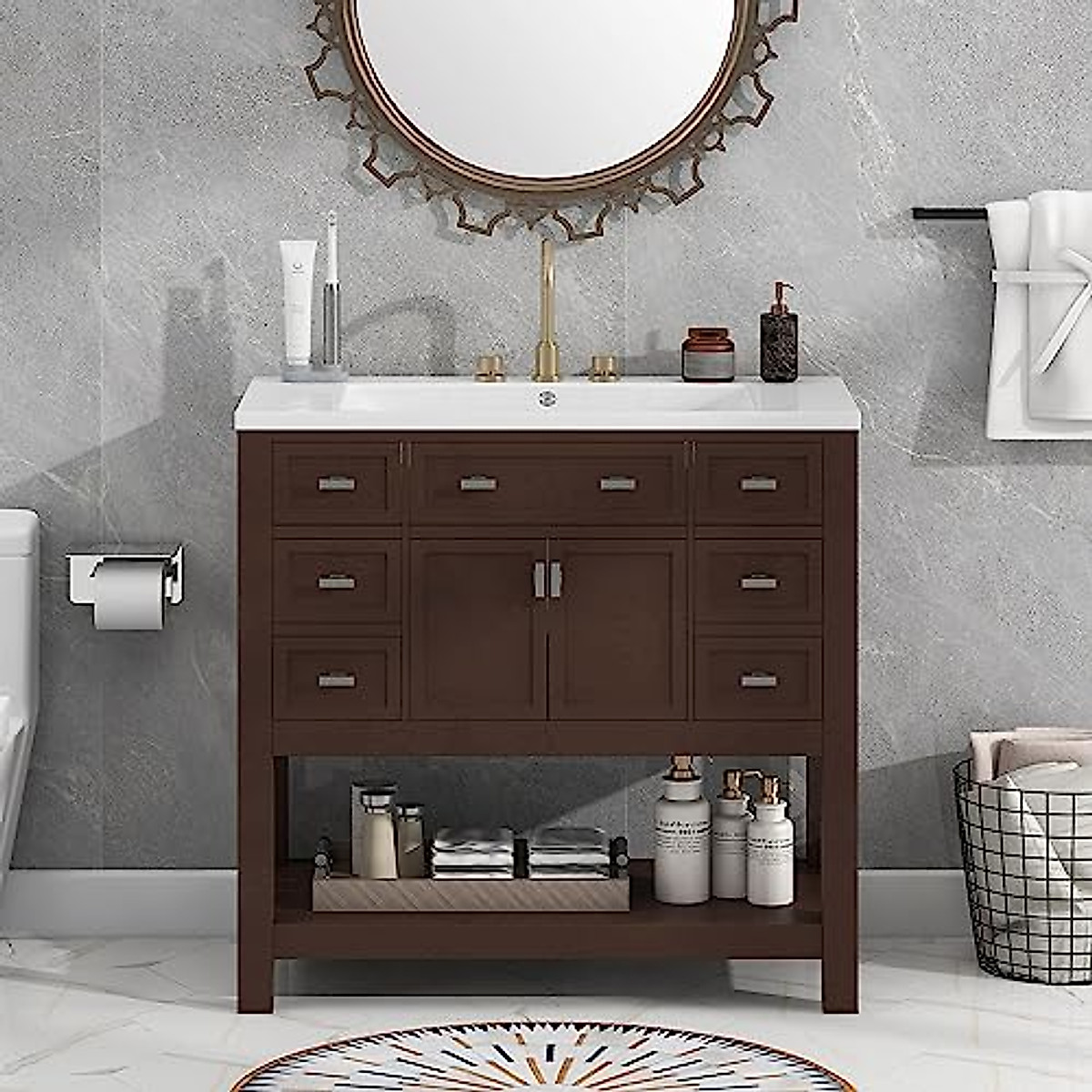VKKILPEE 36'' Freestanding Bathroom Vanity Set Bathroom Vanity with Top Sink, Bath Vanity Storage Cabinet with 6 Drawers & 2 Soft Closing Doors, Modern Bathroom Vanity and Sink Combo, Brown
