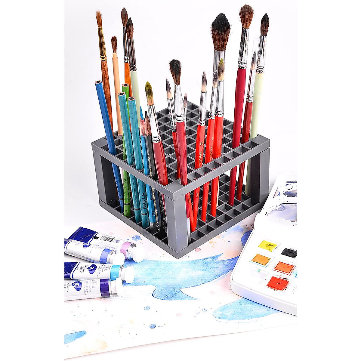 AKOAK 1 Pack 96-hole Square Plastic Pen Holder Multi-function Detachable Pen Holder Storage Art Supplies, Makeup Brushes etc (gray)