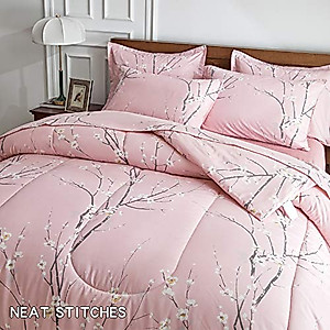 AIKASY Bed in a Bag 6 Pieces Twin Size - Floral Print - Soft Microfiber, Reversible Bed Comforter Set (1 Comforter, 2 Pillow Shams, 1 Flat Sheet, 1 Fitted Sheet, 1 Pillowcases)（Pink, Twin）