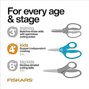 Fiskars 5" Softgrip Left-Handed Pointed-Tip Scissors for Kids Ages 4+ - Left-Handed Scissors for School or Crafting - Back to School Supplies - Blue Lightning