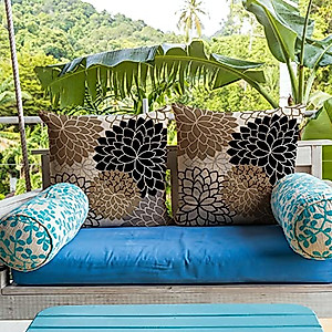 DFXSZ Outdoor Pillow Covers 18x18 inch Set of 2 Black Brown Summer Floral Outdoor Decorative Throw Pillows Flower Pillowcase Square Linen Cushion Case Decor for Home Sofa Couch Bed