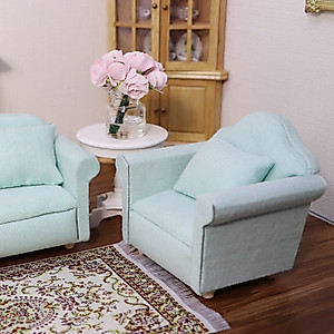 Dollhouse Couch with Pillow 1 12 Scale Miniature Sofa Arm Chair Living Room Furniture Wooden Fabric Frame Single Reading Chair Artificial House Room Scene Decoration (Green)